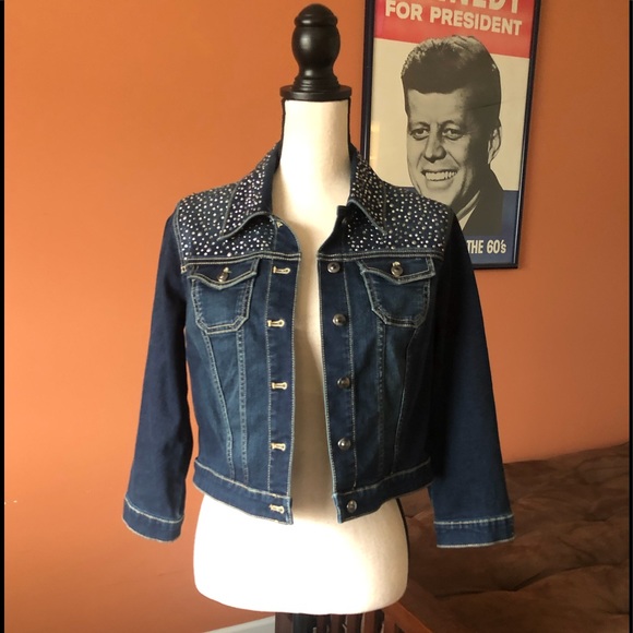 Chico's | Jackets & Coats | Chicos Platinum Denim Bejeweled Jean Jacket ...